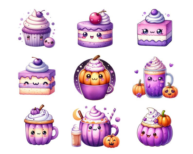 80 Purple Kawaii Sweets Clipart, Cute Kawaii Sweet Treats Clipart, High ...