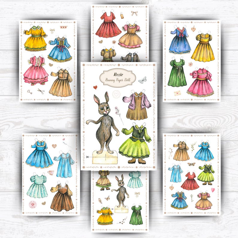 Bunny Paper Doll, Hand Painted Doll, Watercolor Doll, Paper Doll ...