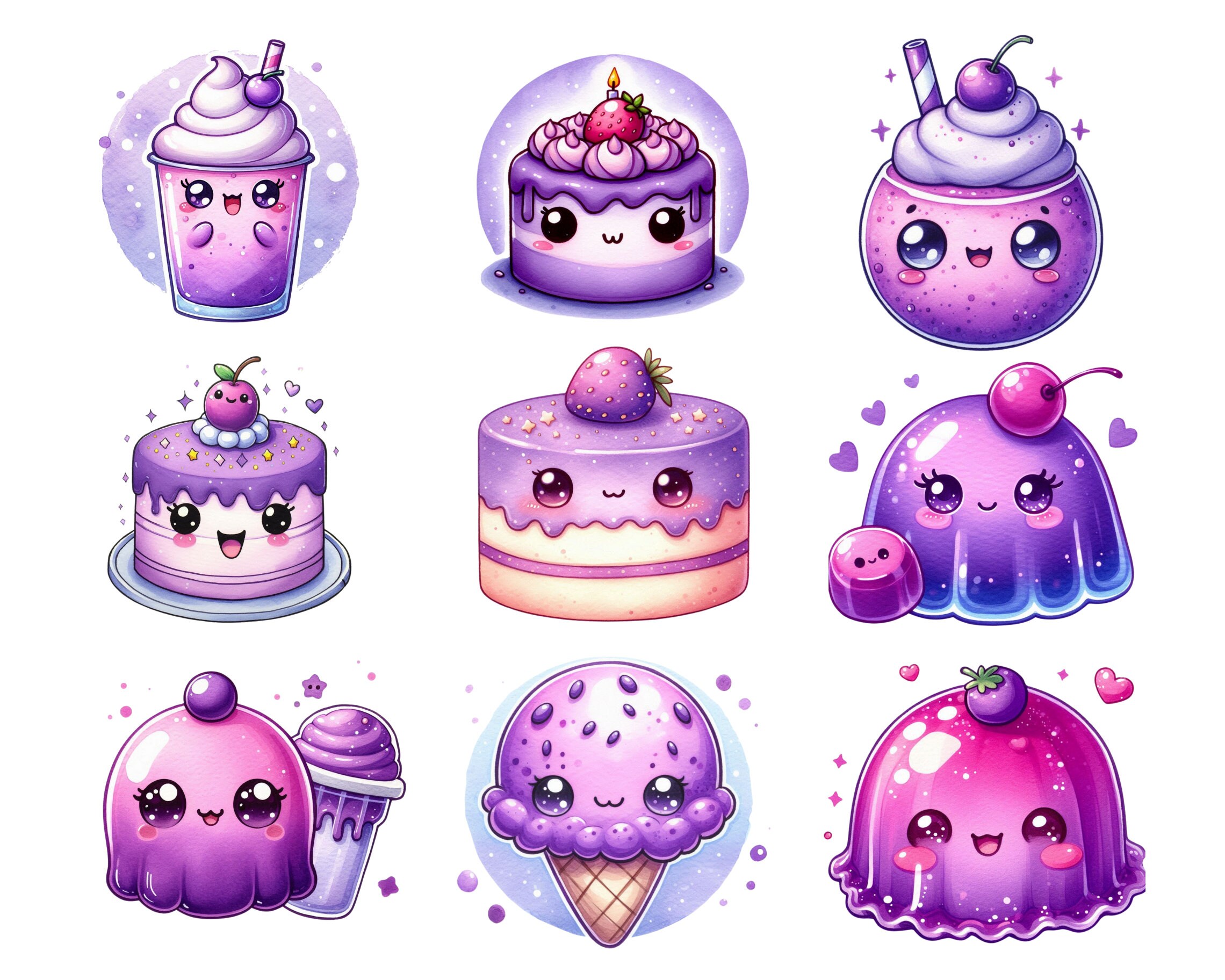 80 Purple Kawaii Sweets Clipart, Cute Kawaii Sweet Treats Clipart, High ...