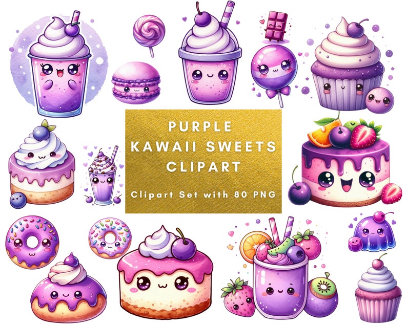80 Purple Kawaii Sweets Clipart, Cute Kawaii Sweet Treats Clipart, High ...