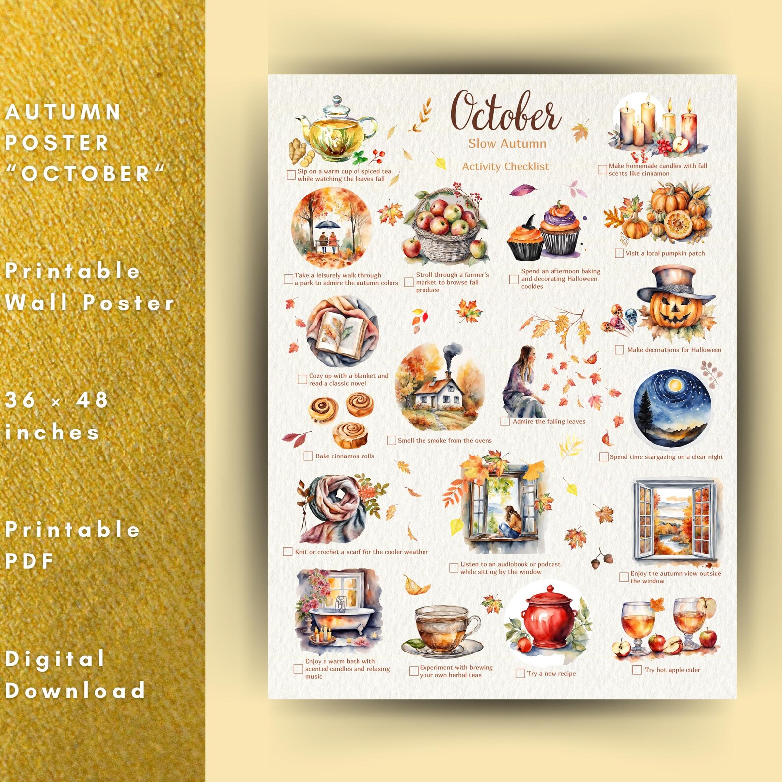 Autumn Poster October Pumpkin Fall Print Slow Autumn Artwork Home Decor ...