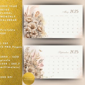 Beige Floral Watercolor Calendar 2025 Printable Flower Monthly Calendar ...
