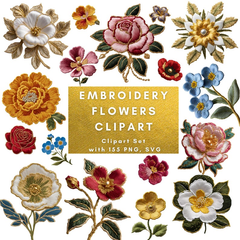 Embroidered Flowers Clipart, 155 PNG SVG Images, Floral Embroidered ...