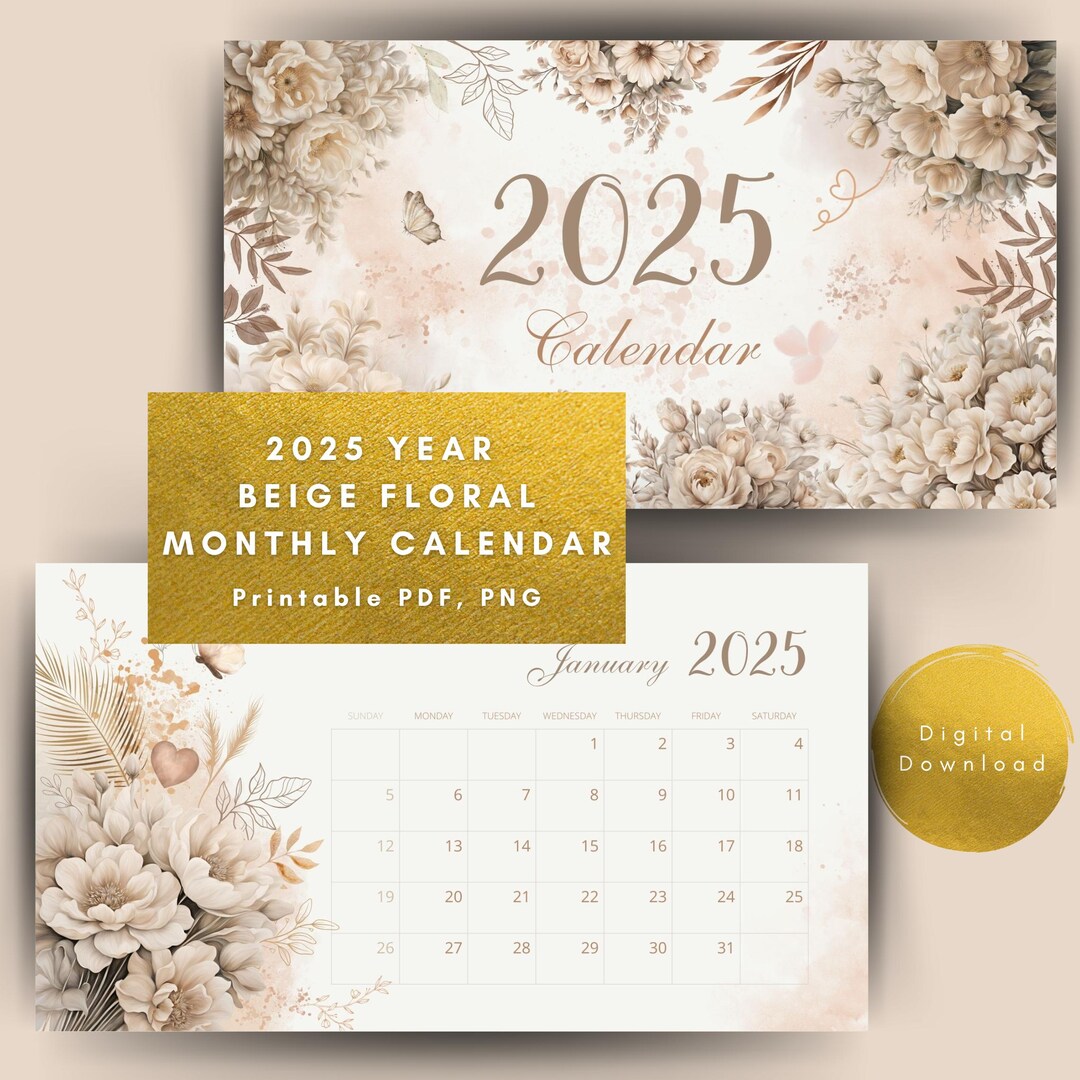 Beige Floral Watercolor Calendar 2025 Printable Flower Monthly Calendar ...