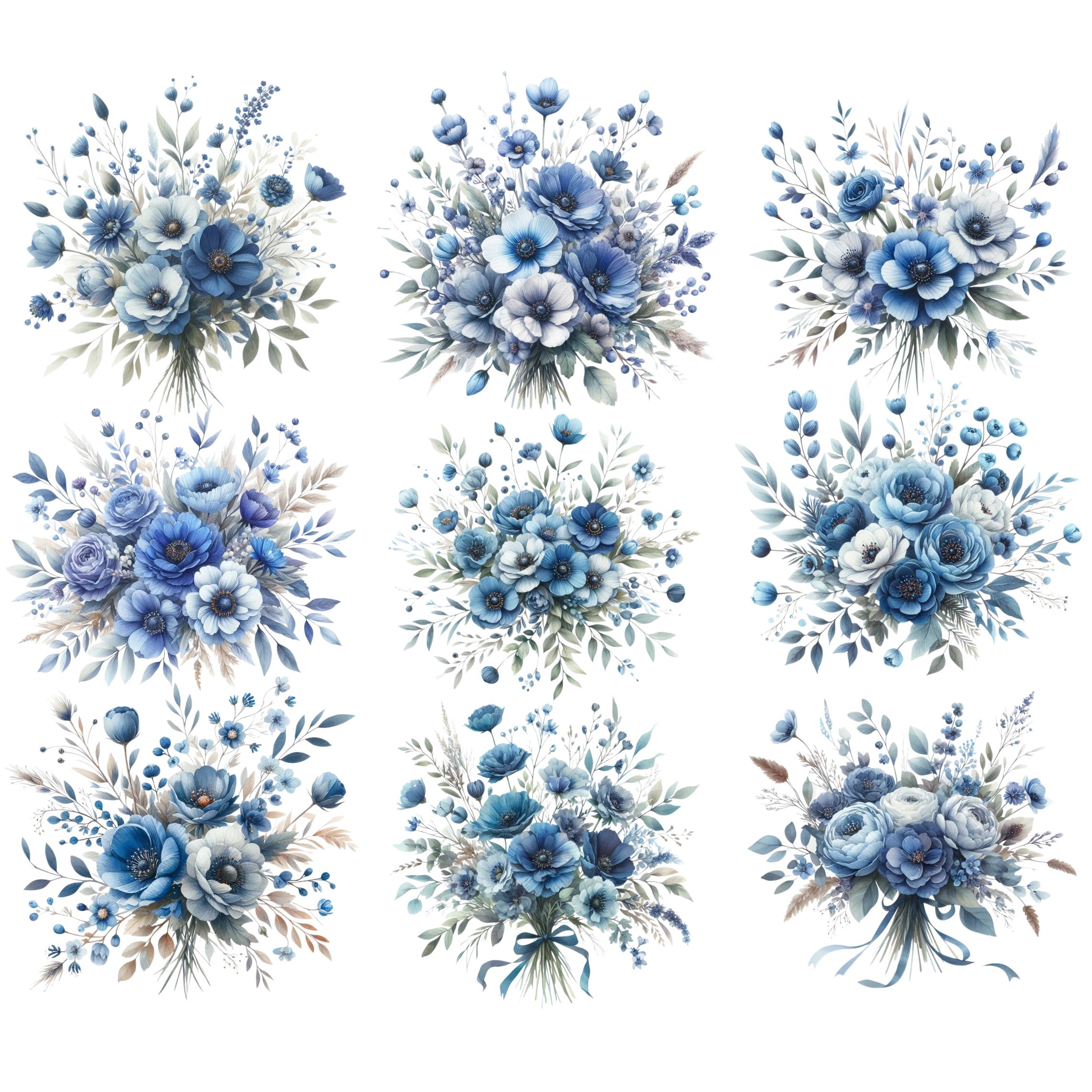 20 Vintage Blue Bouquets Clipart, Blue Boho Flowers Clipart, High ...