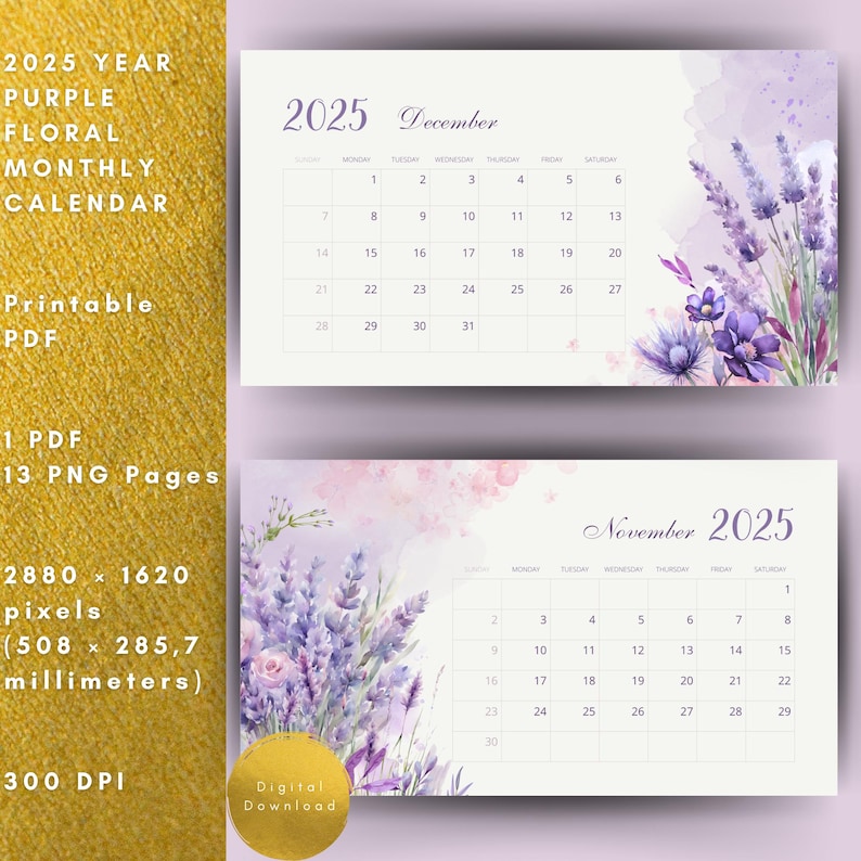 Floral Monthly Calendar 2025 Printable Flower Calendar 2025 Calendar ...
