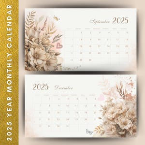 Beige Floral Watercolor Calendar 2025 Printable Flower Monthly Calendar ...