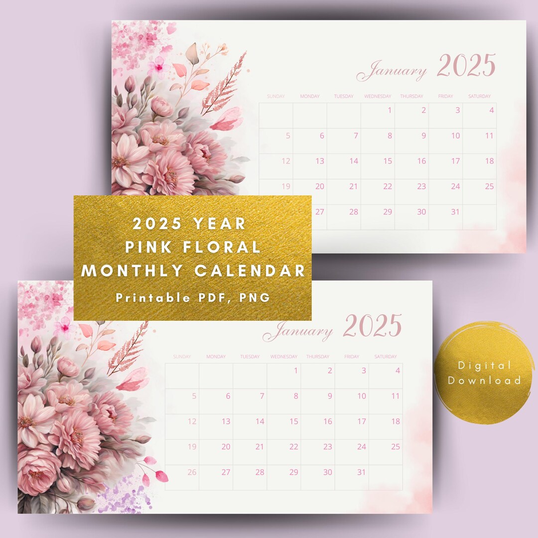 Pink Floral Watercolor Calendar 2025 Printable Flower Monthly Calendar ...