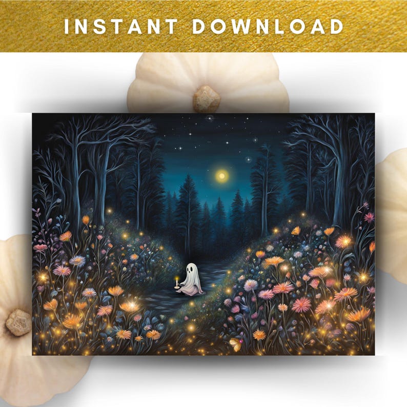 Halloween Print Cute Ghost in the Dark Forest Autumn Fall Print Artwork ...
