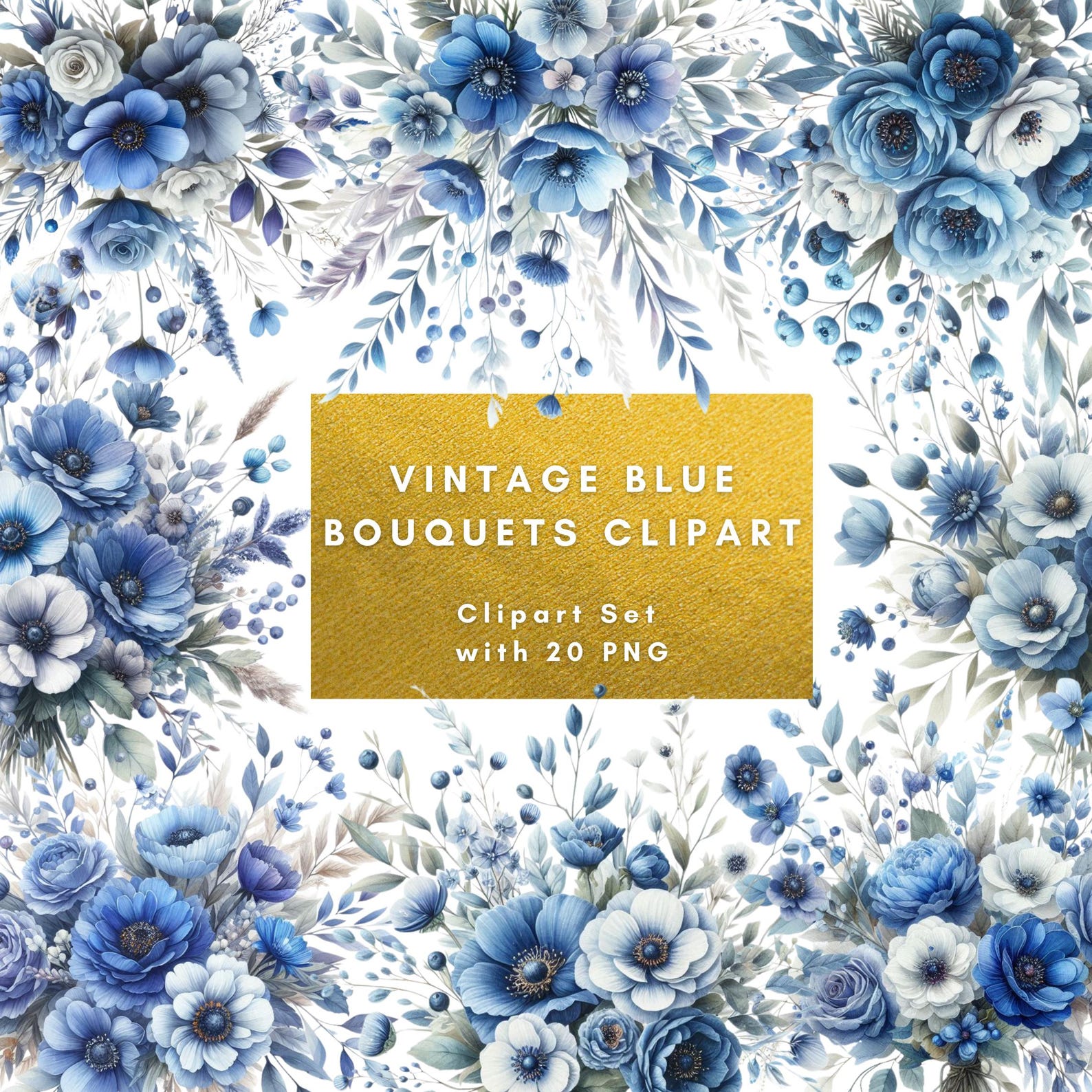 20 Vintage Blue Bouquets Clipart, Blue Boho Flowers Clipart, High ...