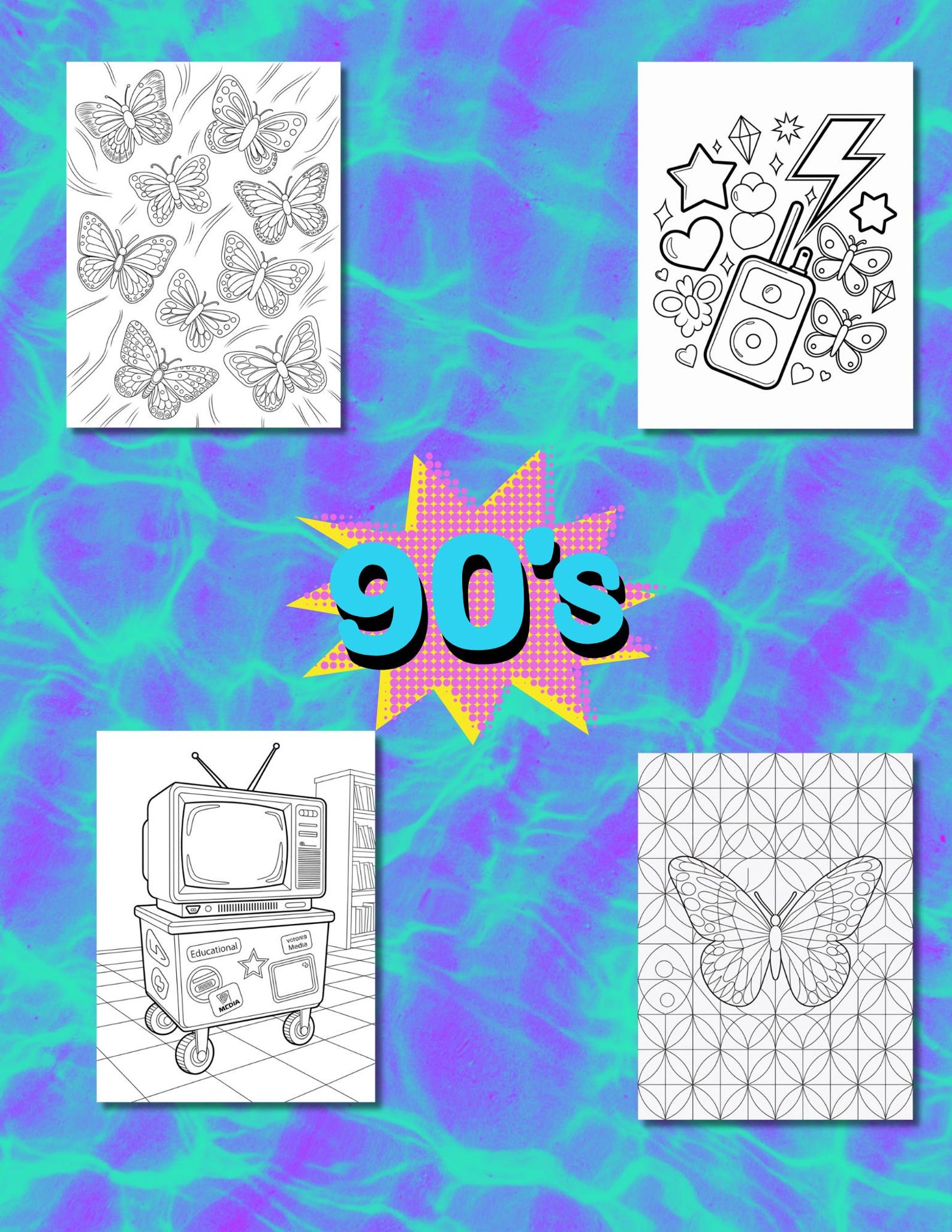 90s Nostalgia Coloring Book: Retro Pop Culture Art (45 Page Digital ...