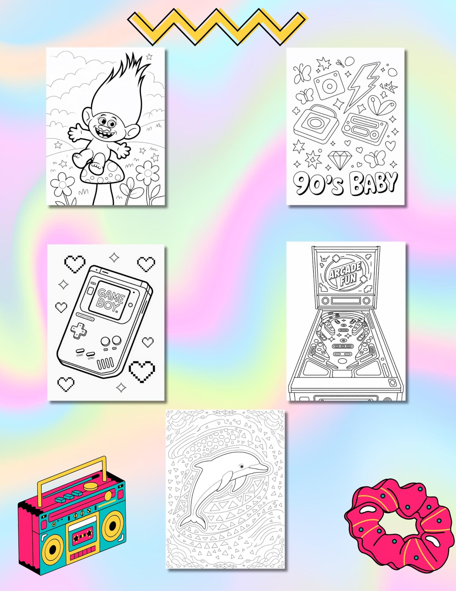 90s Nostalgia Coloring Book: Retro Pop Culture Art (45 Page Digital ...