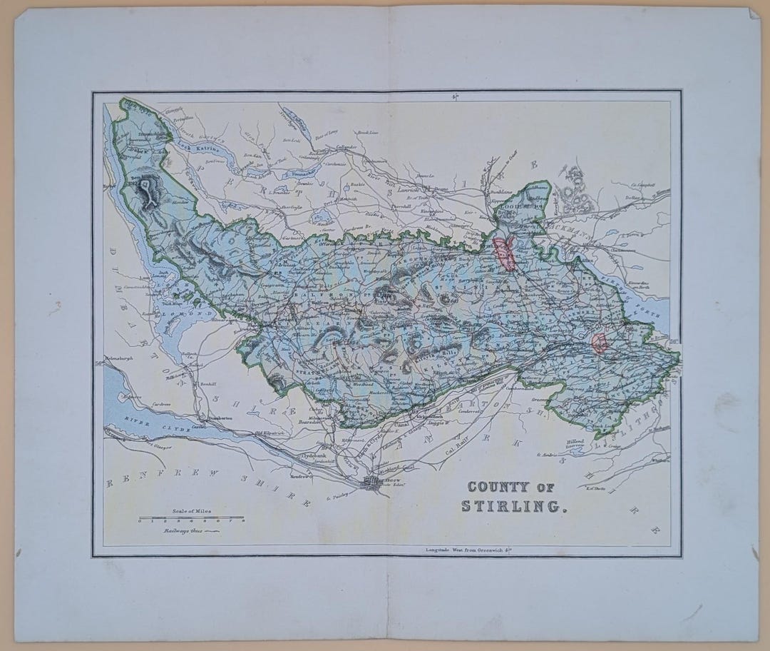 County of Stirling Antique Map 1895 From Gazetteer of Scotland by ...
