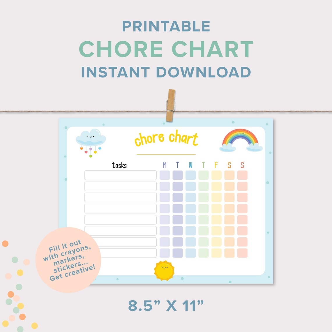 Rainbow Kids Chore Chart, Printable Chore Chart, Printable Chore Chart ...