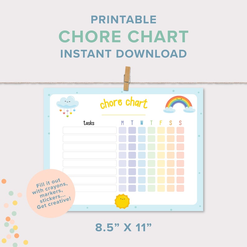 Rainbow Kids Chore Chart, Printable Chore Chart, Printable Chore Chart ...
