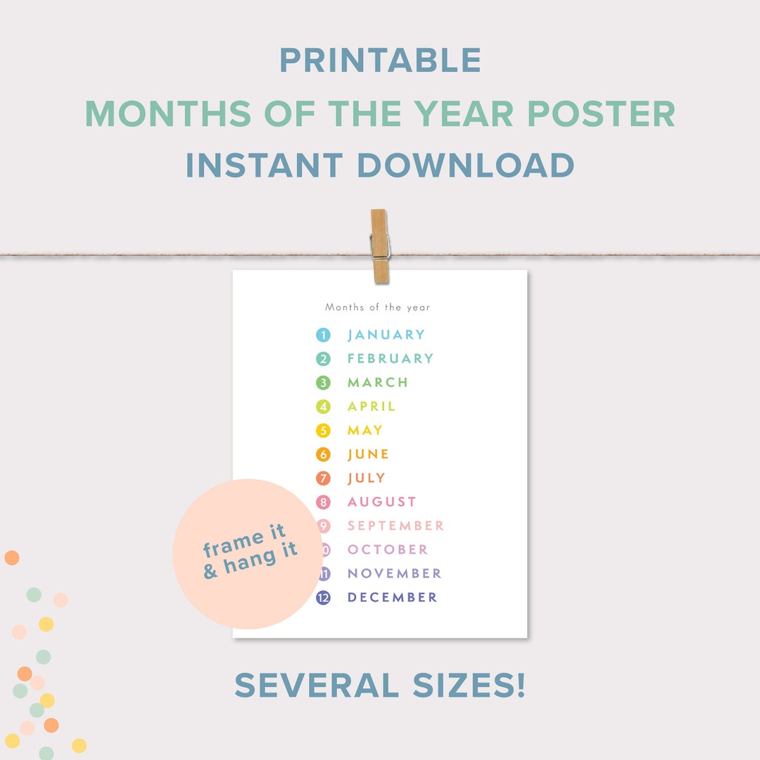Colorful Months of the Year With Numbers, Educational Poster, Rainbow ...