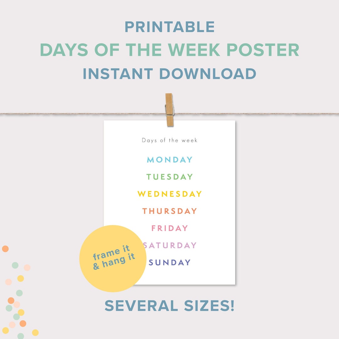 Colorful Days of the Week, Educational Poster, Rainbow Days Print ...
