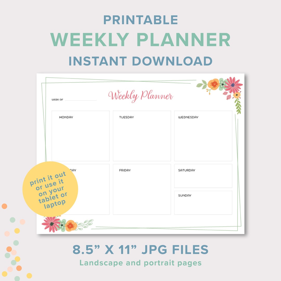 Floral Weekly Planner, Printable Weekly Planner, Organization, Instant ...