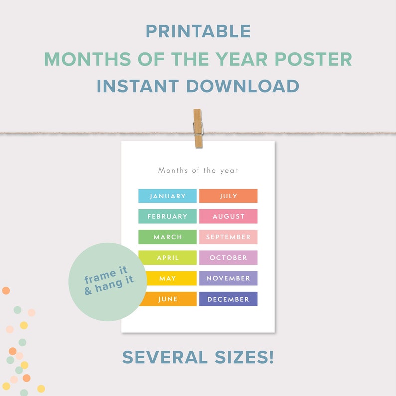 Colorful Months of the Year, Educational Poster, Rainbow Months Print ...