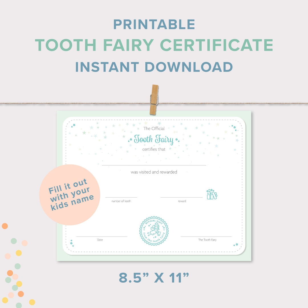 Fillable Tooth Fairy Certificate, Printable Tooth Fairy Award, Kids ...