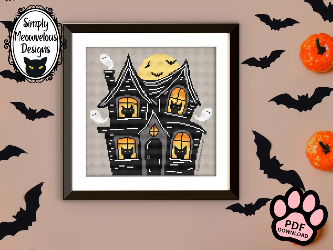 Halloween Haunted House Cats Cross Stitch Pattern, Spooky Window ...
