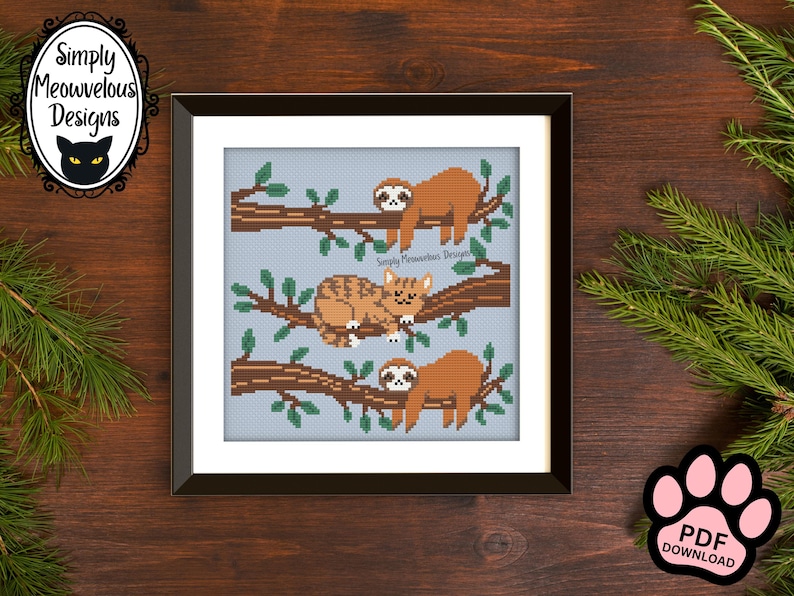 Cat Napping With Tree Sloths Cross Stitch Pattern, Nature Kitty ...