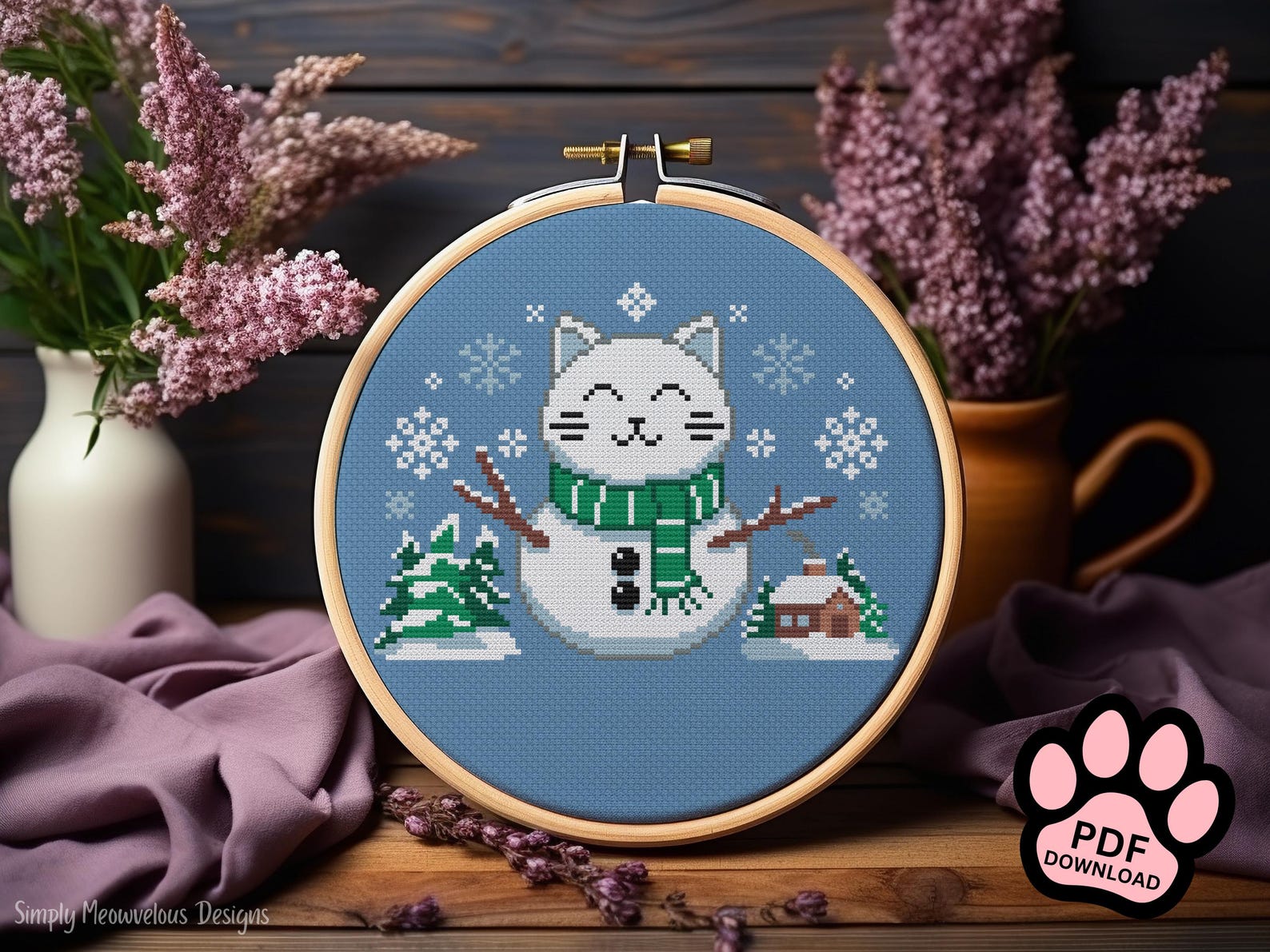 Cat Snowman Counted Cross Stitch Pattern, Happy Snowcat Kitty Evergreen ...