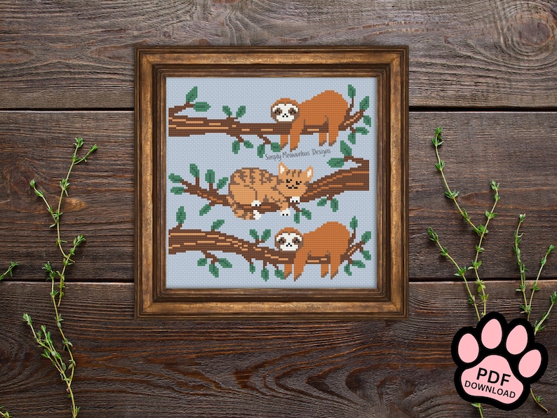 Cat Napping With Tree Sloths Cross Stitch Pattern, Nature Kitty ...