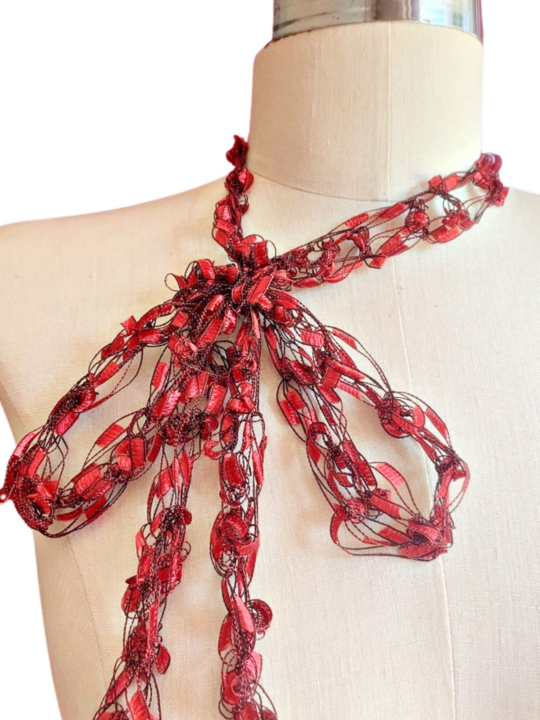 Skinny Scarf, Necklace Scarf, Red and Black Scarf Light Weight Ribbon ...
