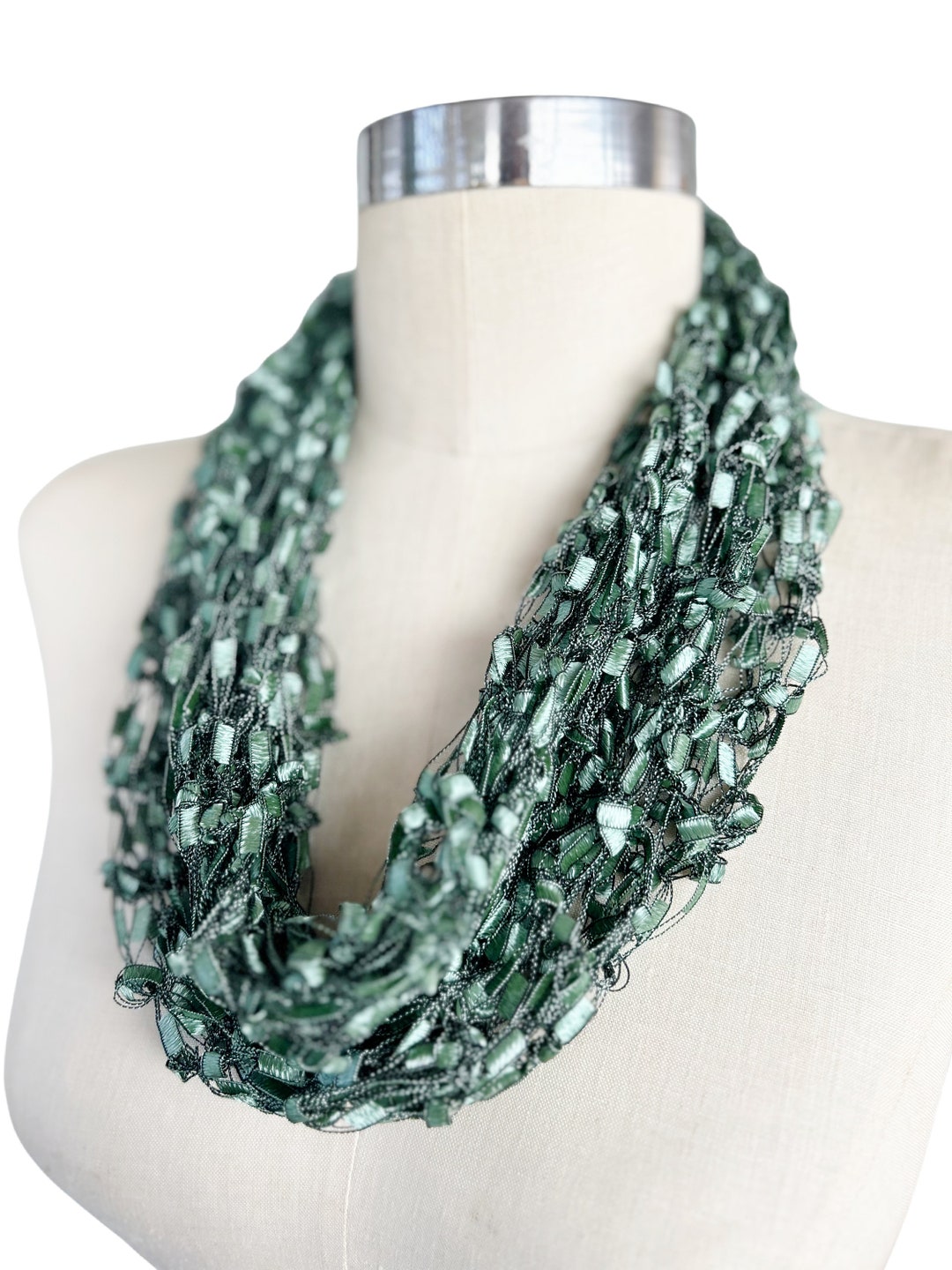 Infinity Scarf, Green Ribbon Infinity Scarf, Single Loop, Light Scarf ...