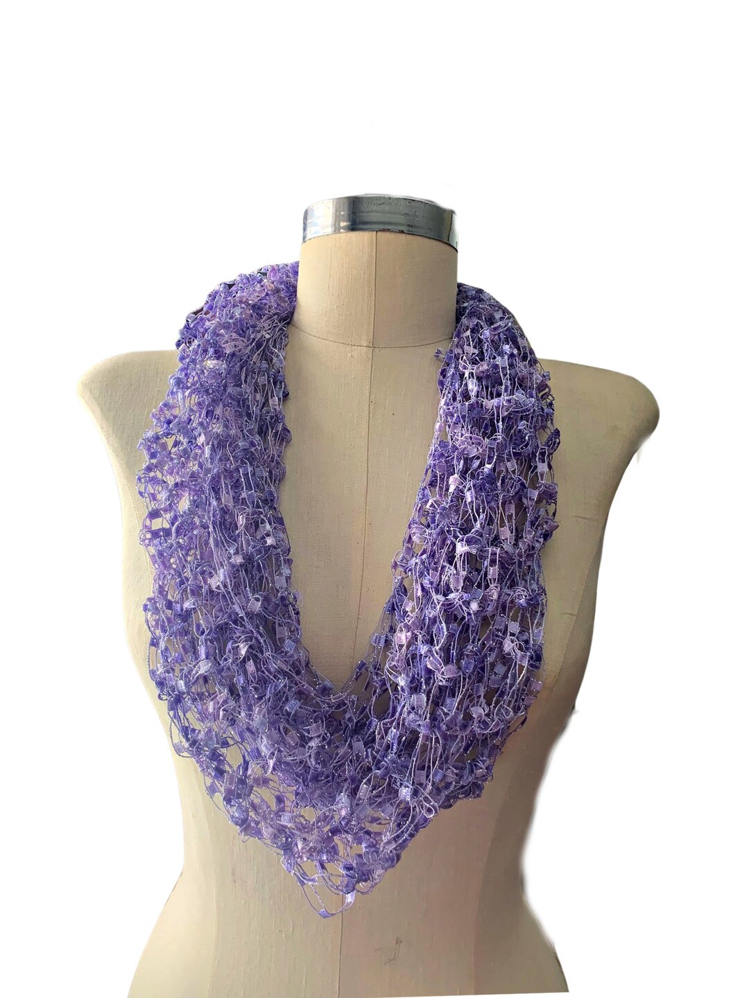 Infinity Scarf, Iridescent Lavender, Purple Ribbon Scarf, Crocheted ...