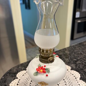 Vintage Lefton Mini Christmas Holly Poinsettia Oil Lantern Footed Lamp ...