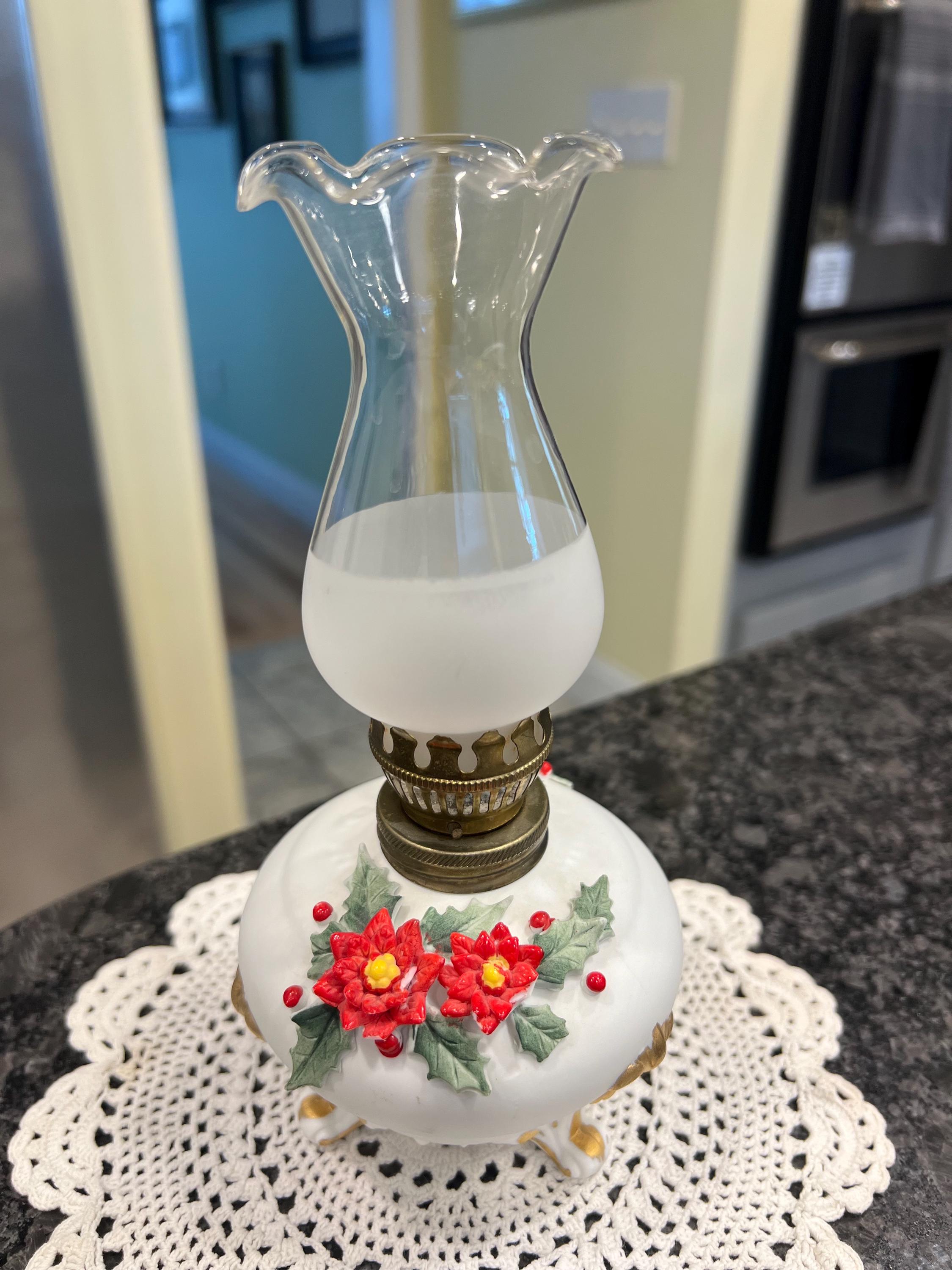 Vintage Lefton Mini Christmas Holly Poinsettia Oil Lantern Footed Lamp ...