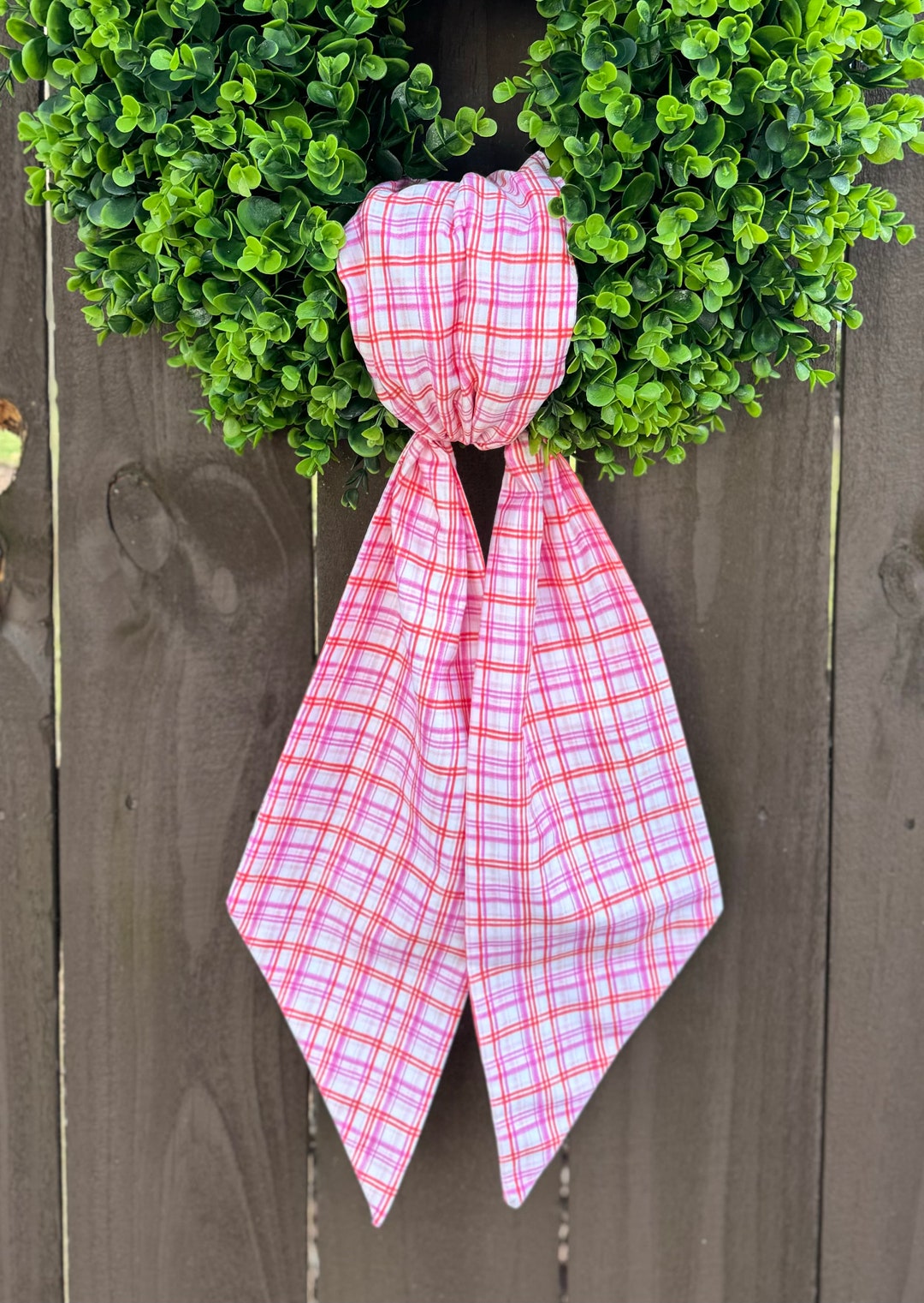 Pink Plaid Wreath Sash, Boxwood Wood Wreath Sash, Boxwood Wreath Bow ...