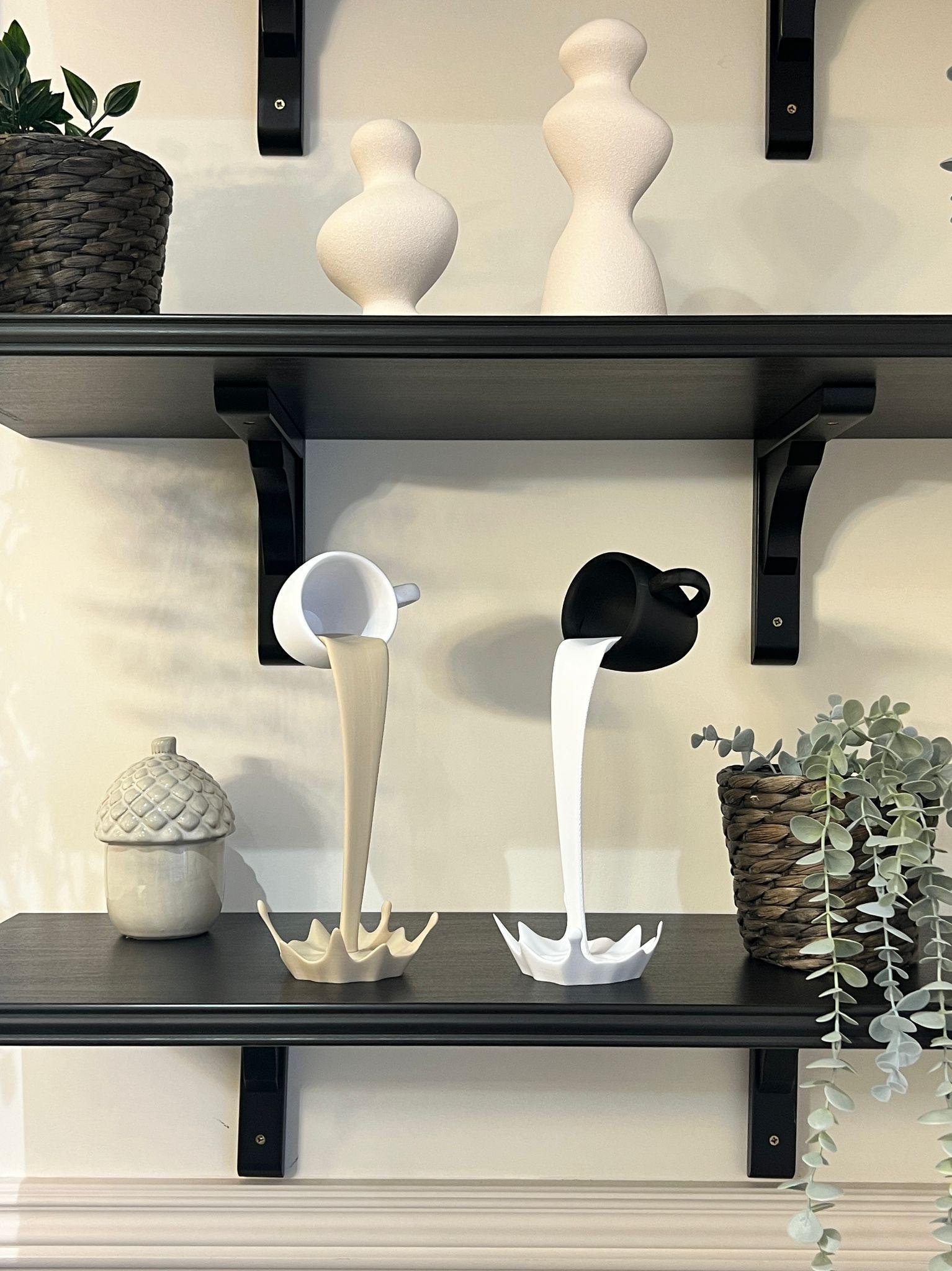 Floating Coffee Cup Sculpture – Black Mug Pouring White Liquid ...