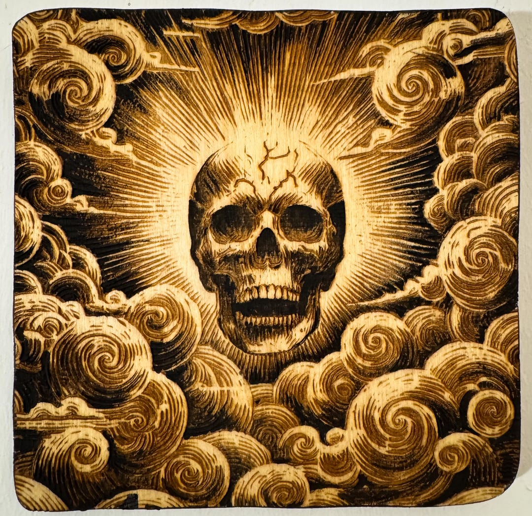 Laser Engraved Wood Picture – Skull Between Rays and Clouds | Hand ...