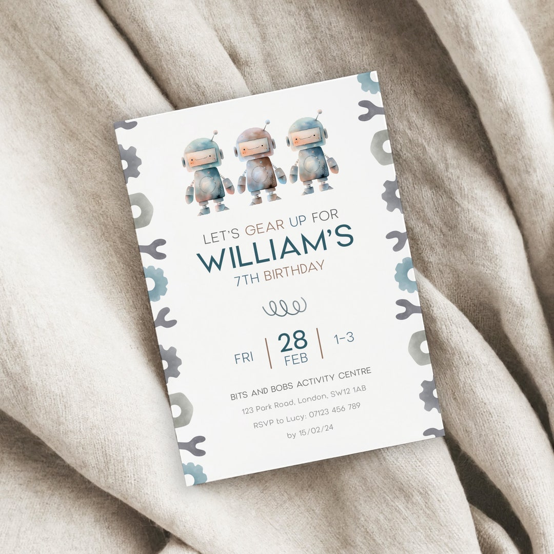 Robot Birthday Party Invitation Template, Editable Gears, Nuts and ...