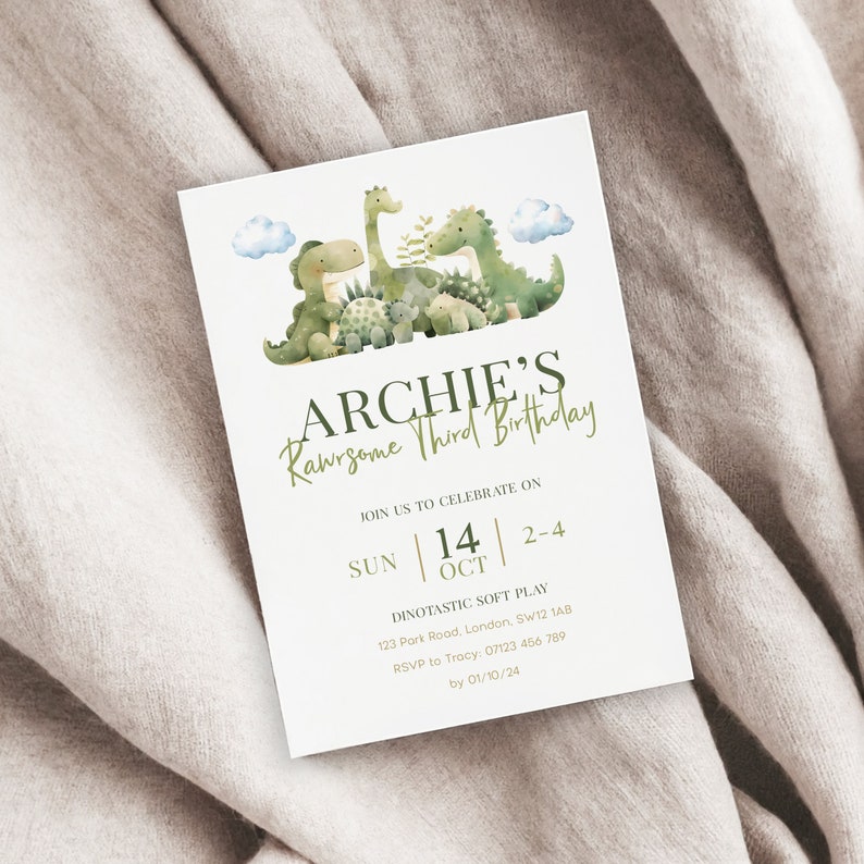 Green Dinosaur Birthday Party Invitation Template, Editable Rawrsome ...
