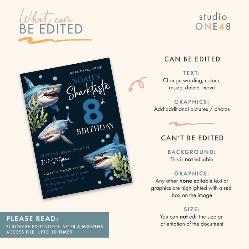 Navy Shark Kids Birthday Party Invitation Template, Editable Shark ...