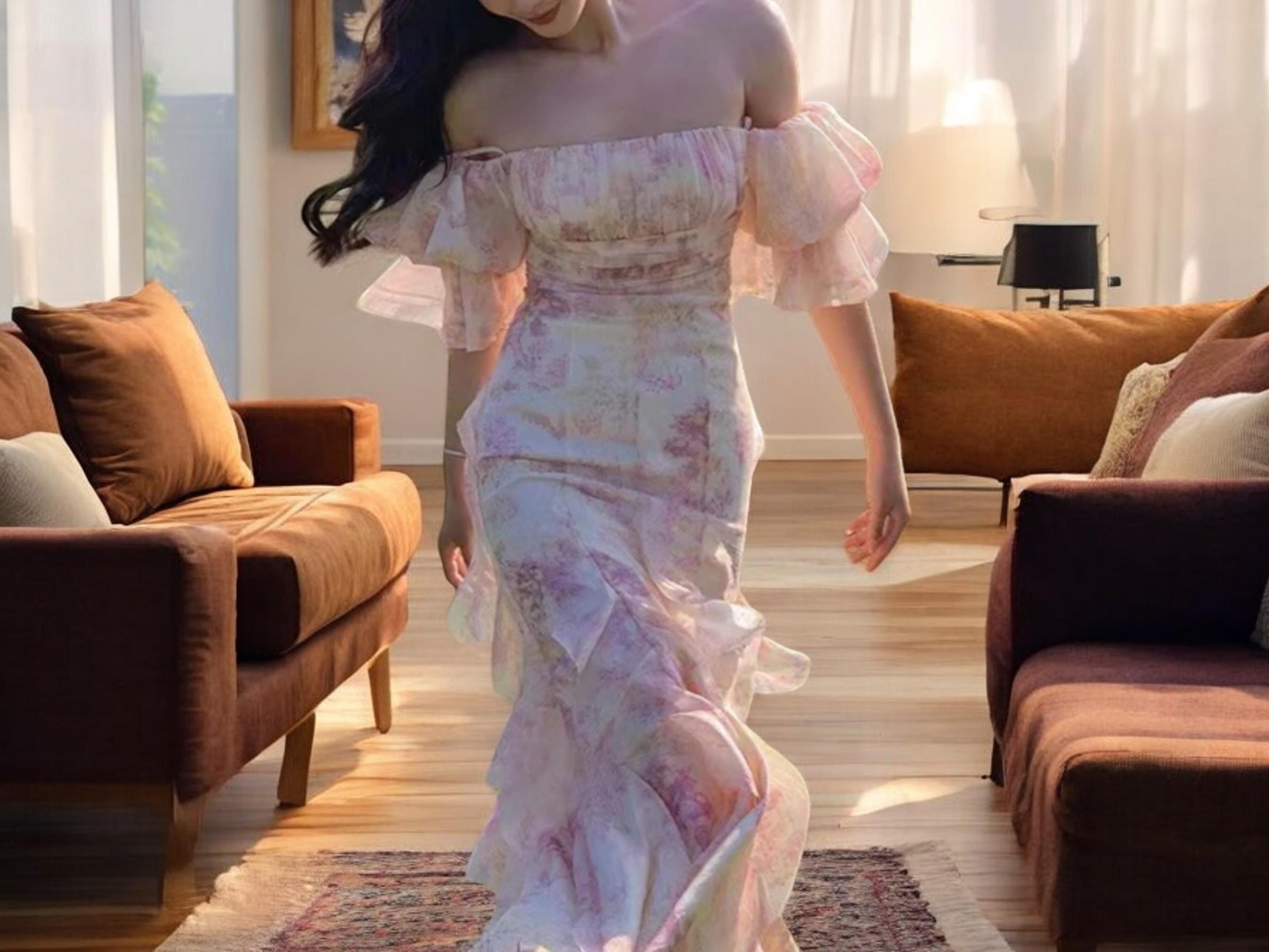 Puffed Sleeve Maxi Dress Floral Chic Off-shoulder Style Comfortable ...