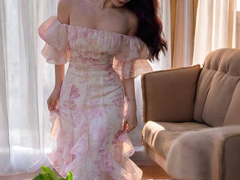 Puffed Sleeve Maxi Dress Floral Chic Off-shoulder Style Comfortable ...