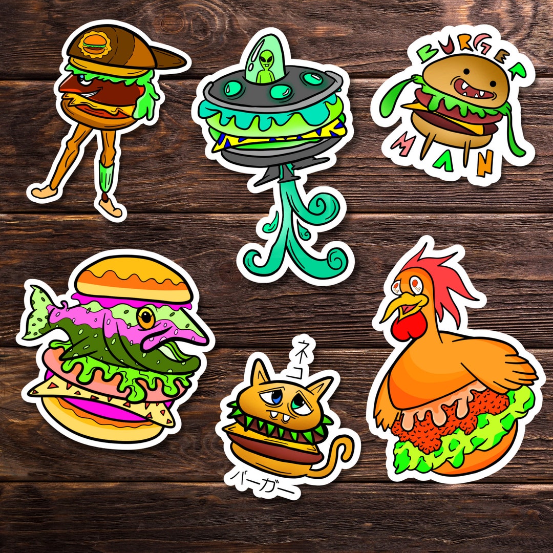 Burger Sticker Set of 6, Food Vinyl Sticker, Alien Burger Sticker ...