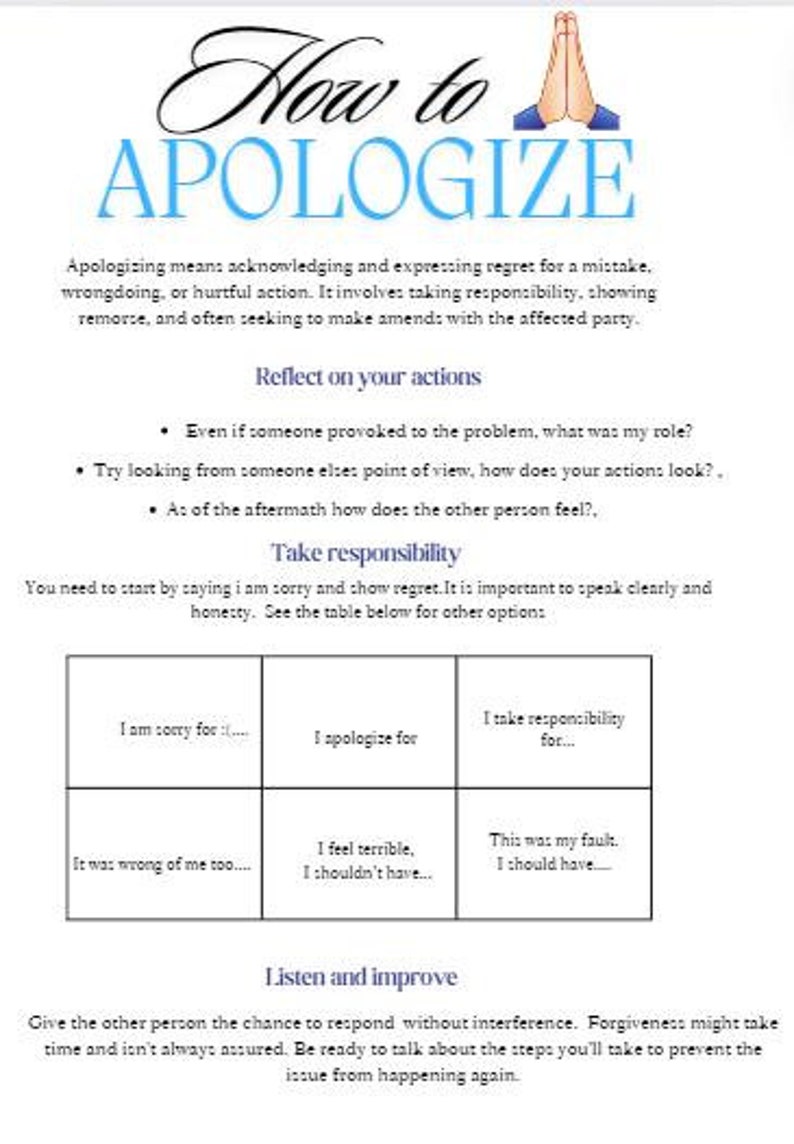 How to Apologize Therapy Worksheet - Etsy