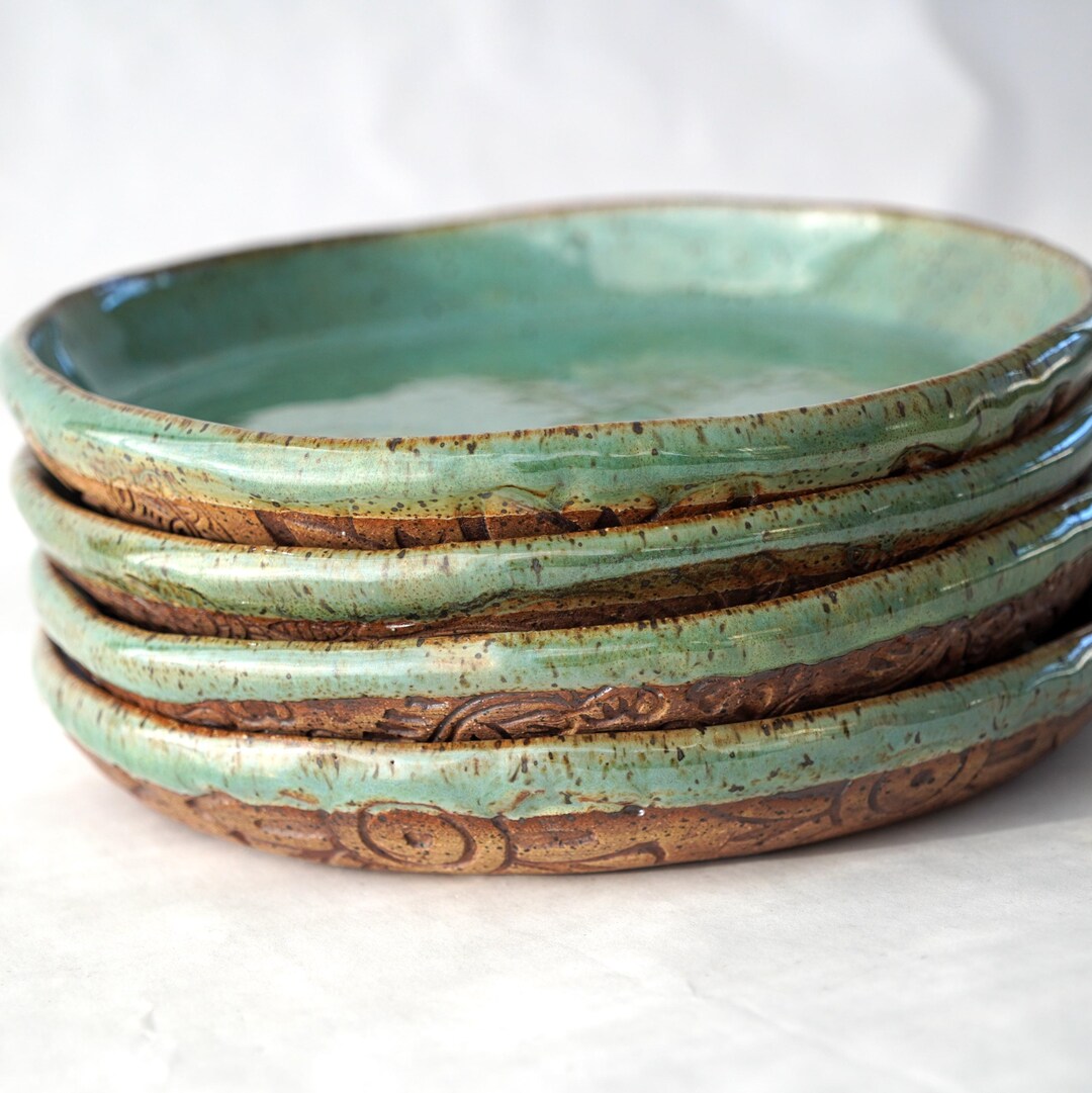 Pottery Dinnerware, 4 Small Plates, Handmade Ceramic Luncheon Plate Set ...