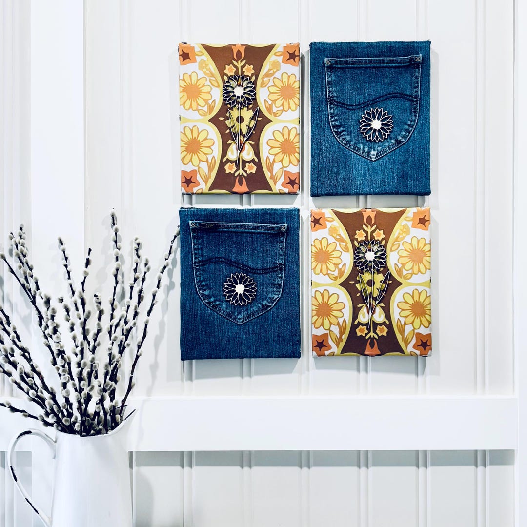 Mid Mod Fabric on Canvas Pictures With 3 Dimensional Wooden Flowers ...