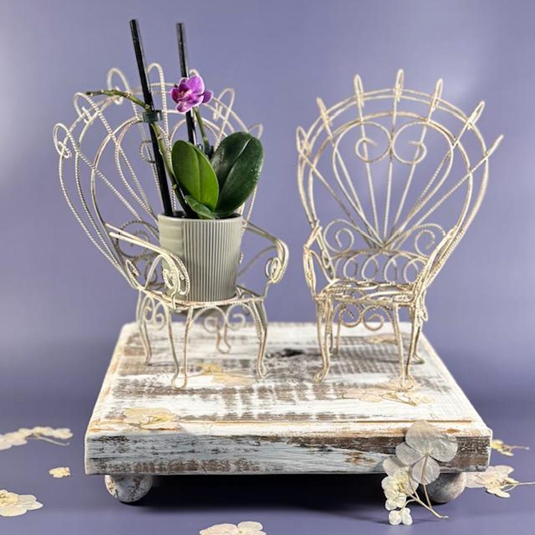 Vintage Distressed White Iron Miniature Peacock Chair Plant Stands ...