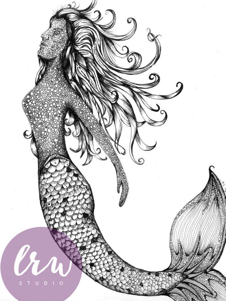 Mermaid Art Print Pen And Ink Drawing Sea Life Art Black Etsy