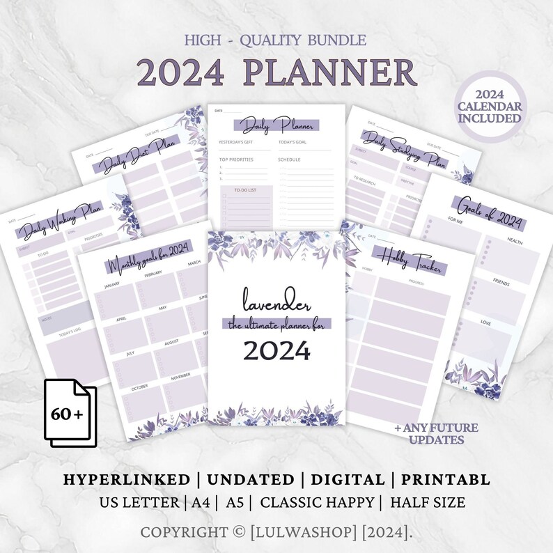 Floral 2024 Calendar Purple Lavender Flower Therapeutic Daily Planning ...