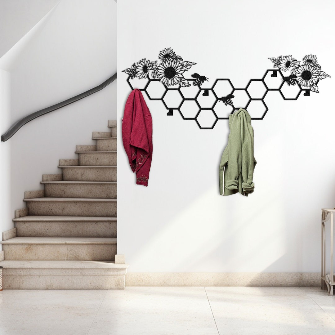 Honey Bees and Flower Metal Wall Coat Rack, Honeycomb Indoor Metal Sign ...