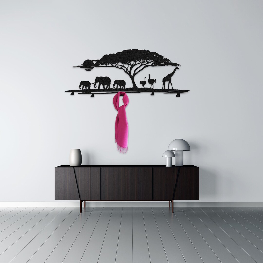 African Savannah Metal Wall Coat Rack, Giraffe Ostrich and Elephant ...